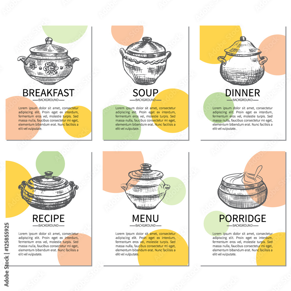 Vintage pots, Recipe hand drawn template, vector page menu design ...