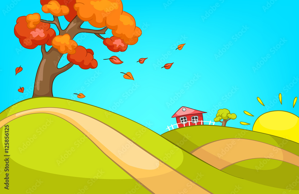 Cartoon background of countryside in autumn. Stock Illustration | Adobe ...