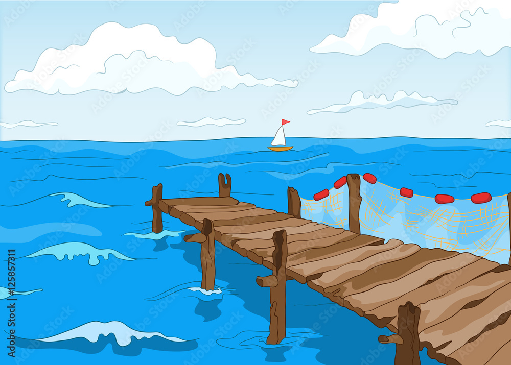 Cartoon background of blue sea with pier. Stock Illustration | Adobe Stock