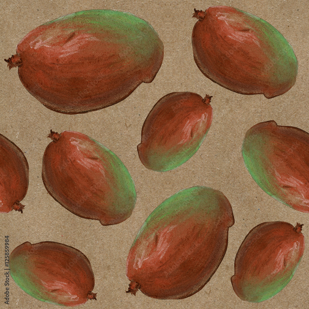 Seamless pattern with pastel mango on craft paper. Hand drawn food ...
