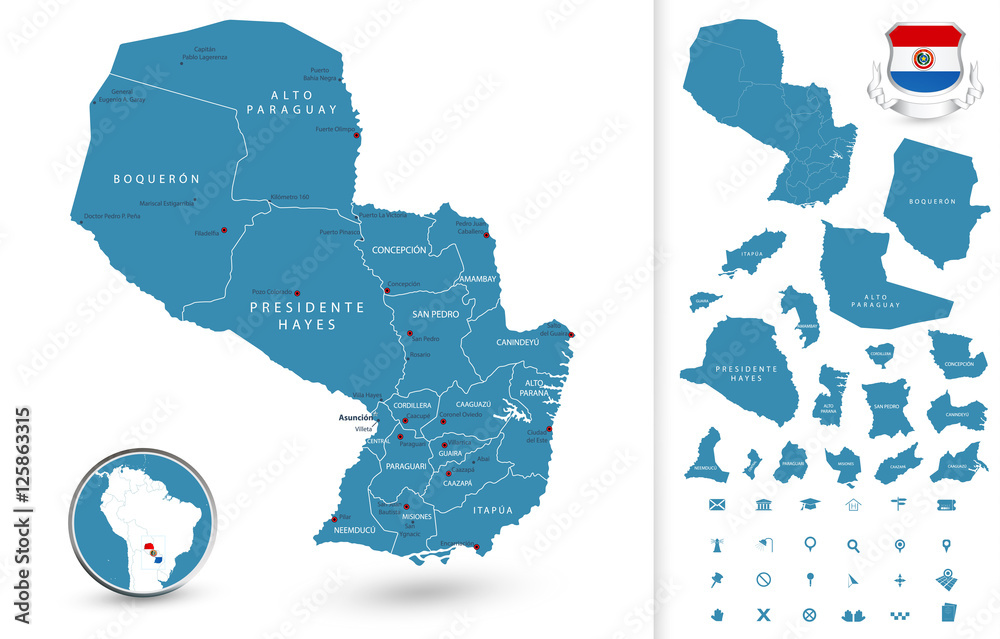Plagát Map of Paraguay with regions – Obraz na Stenu | Posters.sk