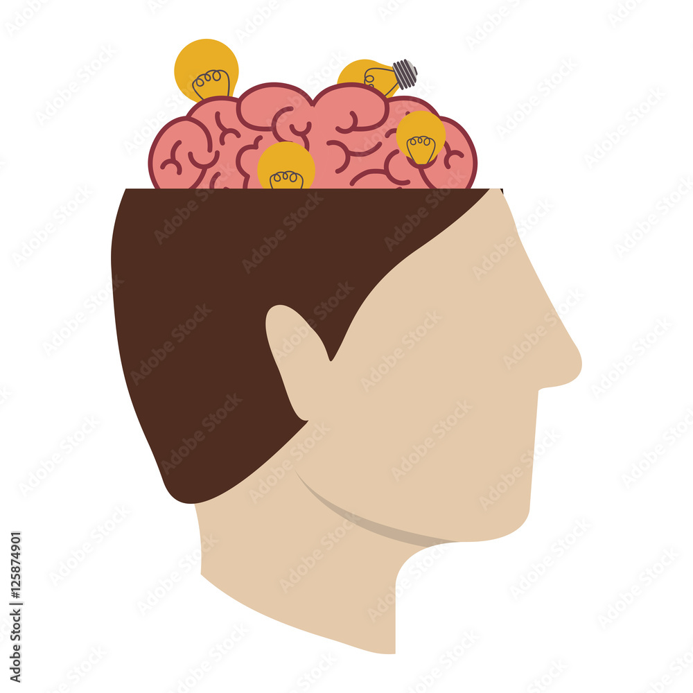 human open head profile with brain and bulb lights over white ...