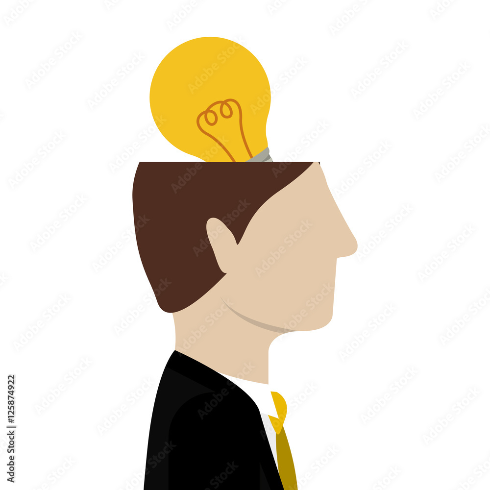 human open head profile with yellow bulb light over white background ...