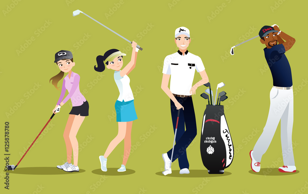Group golfers vector isolated characters on green background. Set of ...