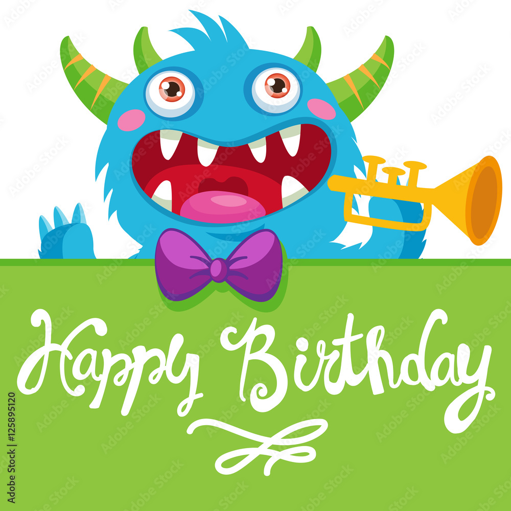 Happy Birthday. Cute Cartoon Monster Vector Illustration. Funny ...
