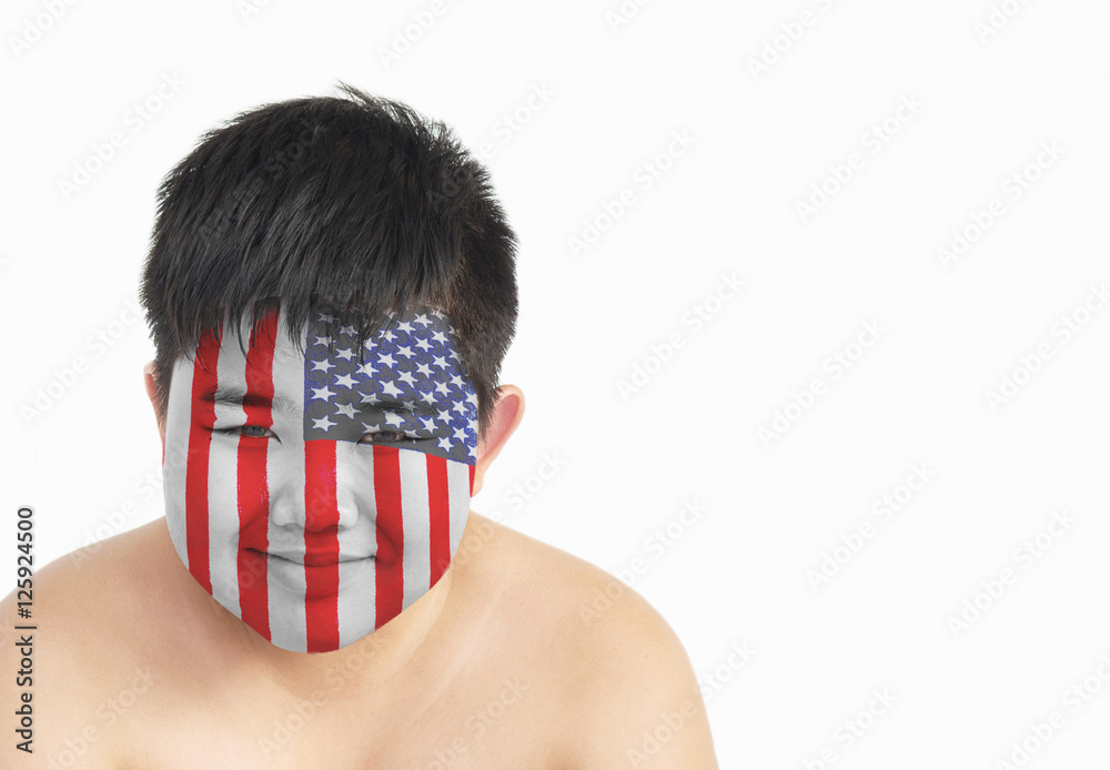 Smile cute fat boy with American flag overlay on his face, USA fan ...