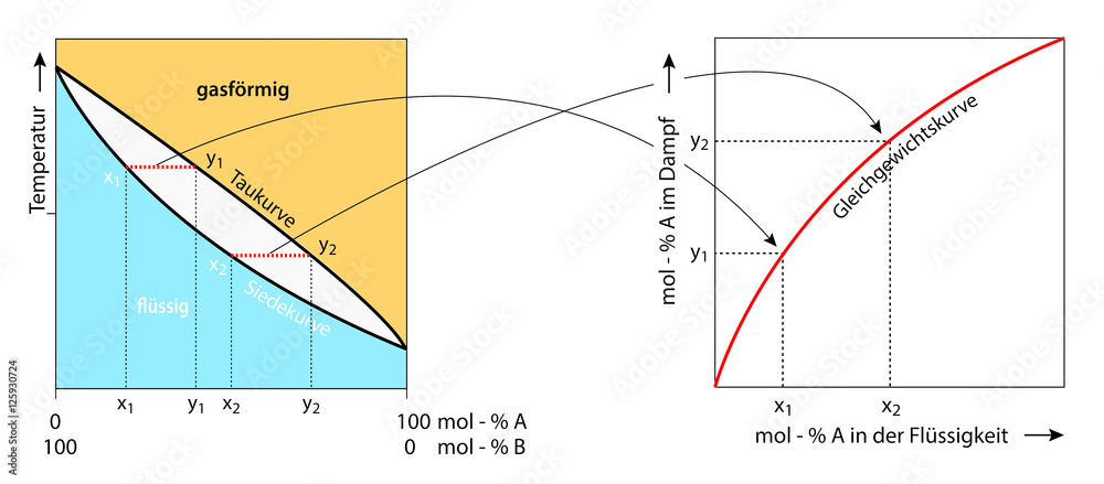 Siedediagramm korreliert mit der Gleichgewichtskurve Dampf-Flüssigkeit Stock-Illustration ...