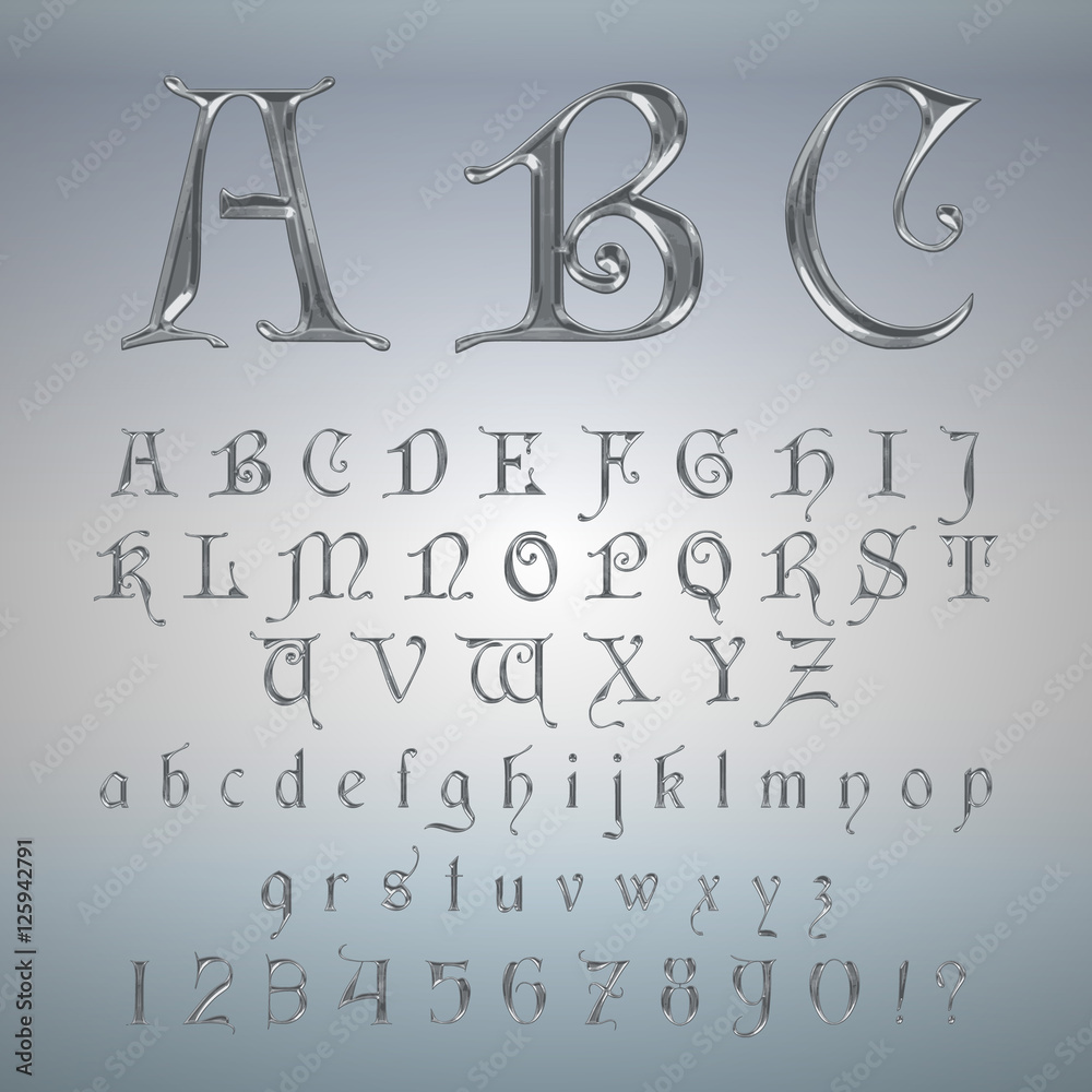 Elegant Silver Platinum Font, Alphabet, ABC and numbers Stock Vector ...