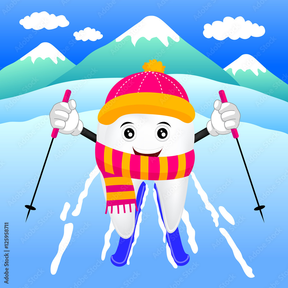 Cartoon tooth character poses standing on skis. Funny dental care ...