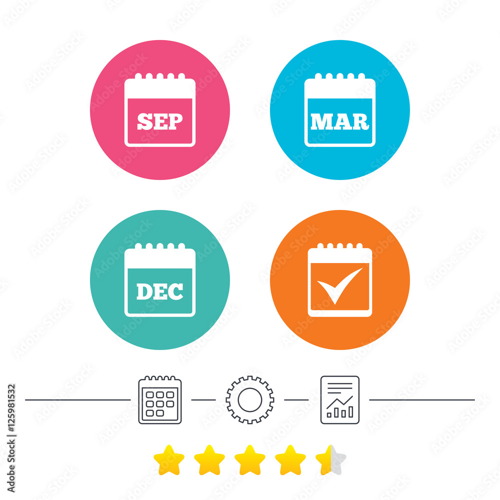 Calendar icons. September, March and December month symbols. Check or ...