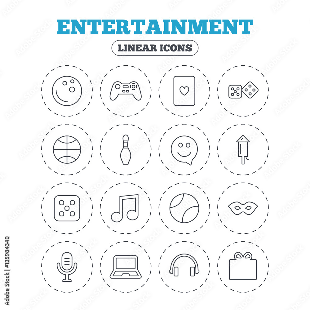 Entertainment icons. Game console joystick, notebook and microphone ...
