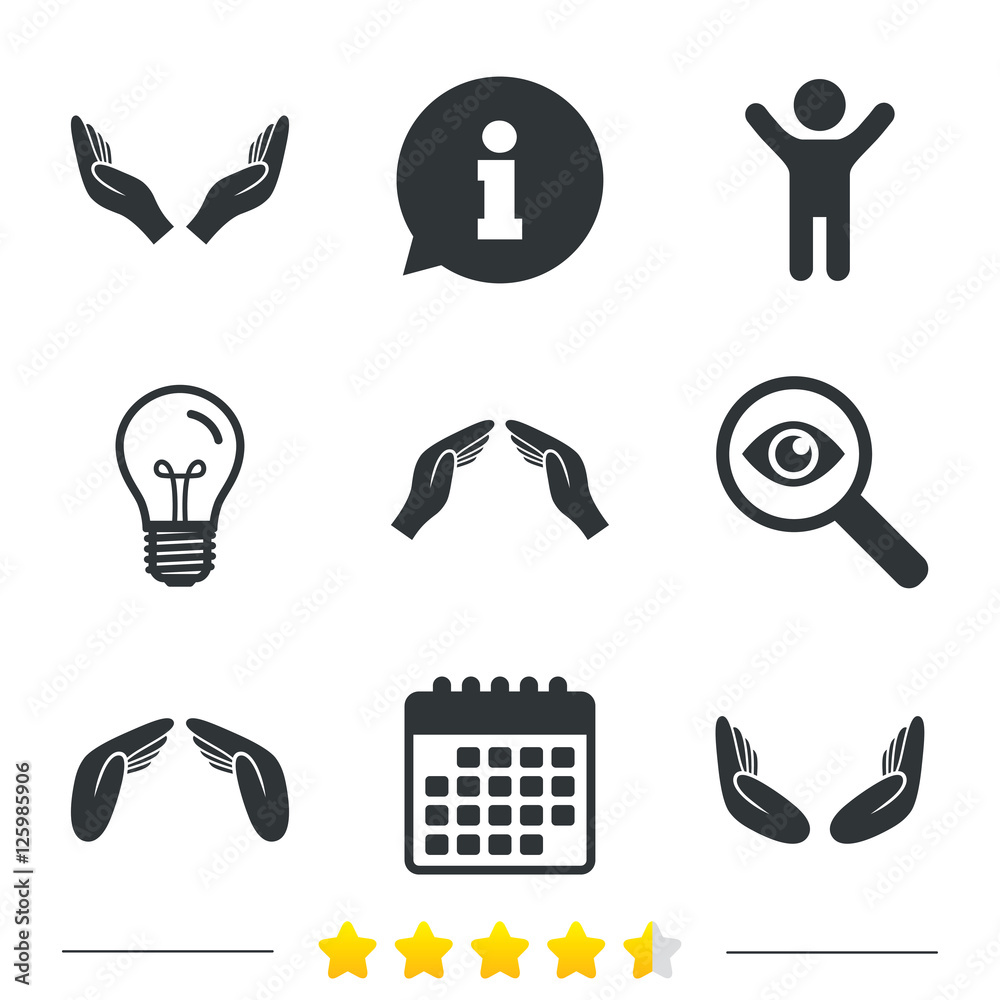 Hands icons. Insurance protection signs. Human helping donation hands ...