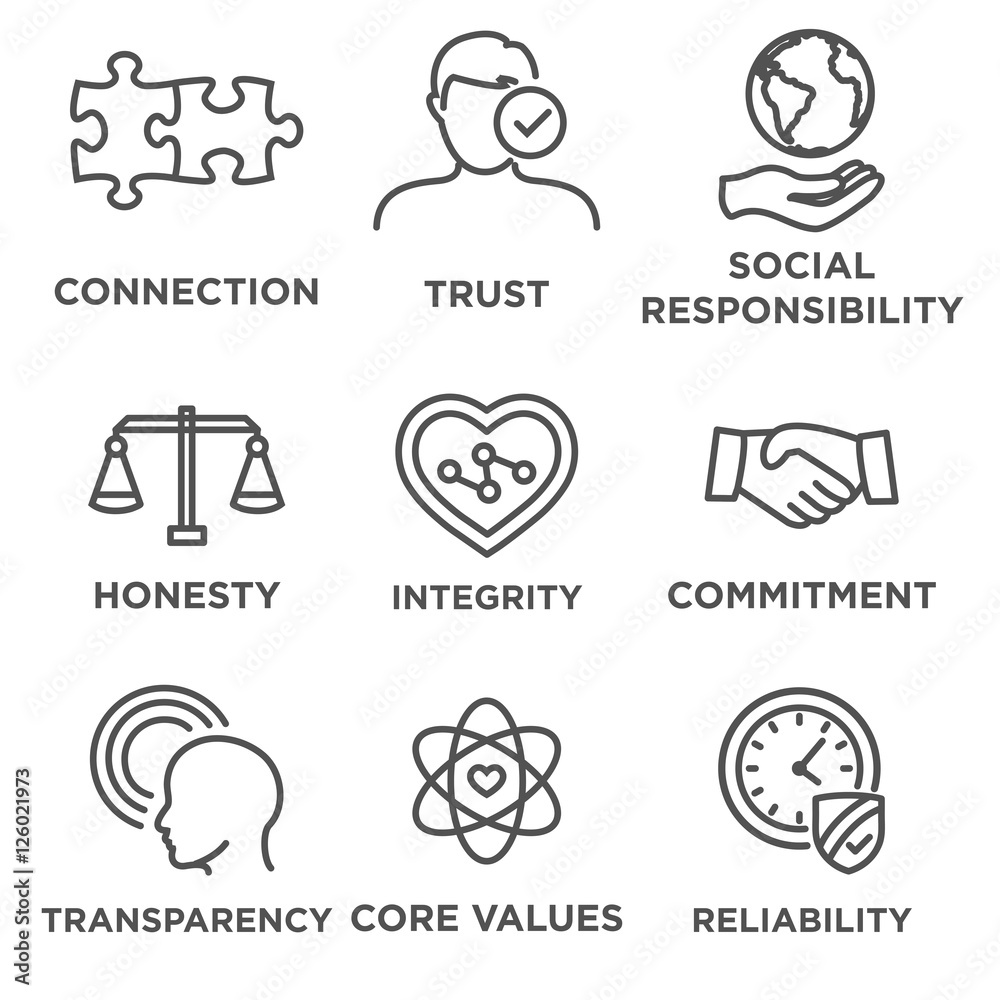 Business Ethics Icon Set with social responsibility, corporate core ...
