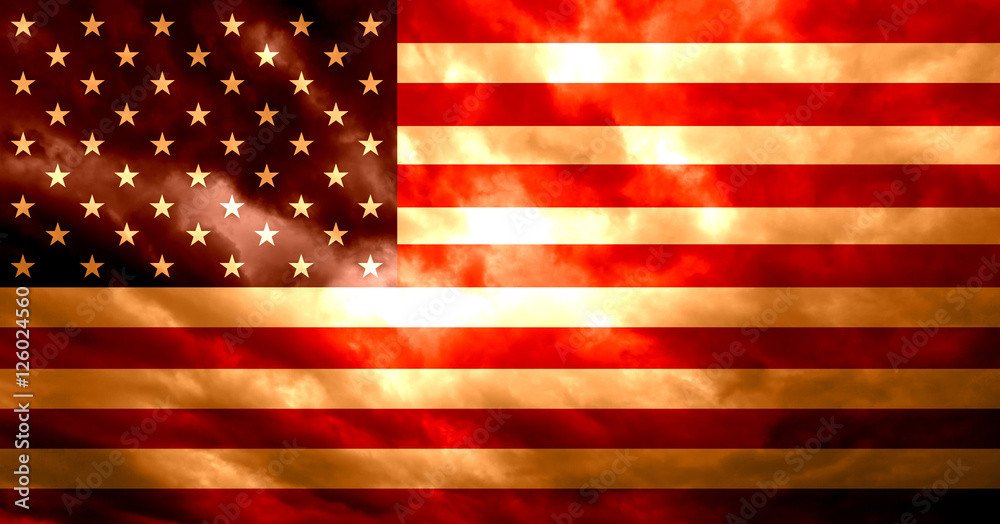 United States of America flag with grunge dark orange red burning fire ...