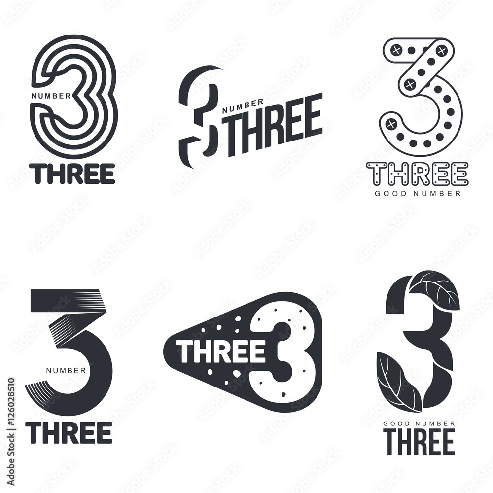 Set of black and white number three logo templates, vector ...