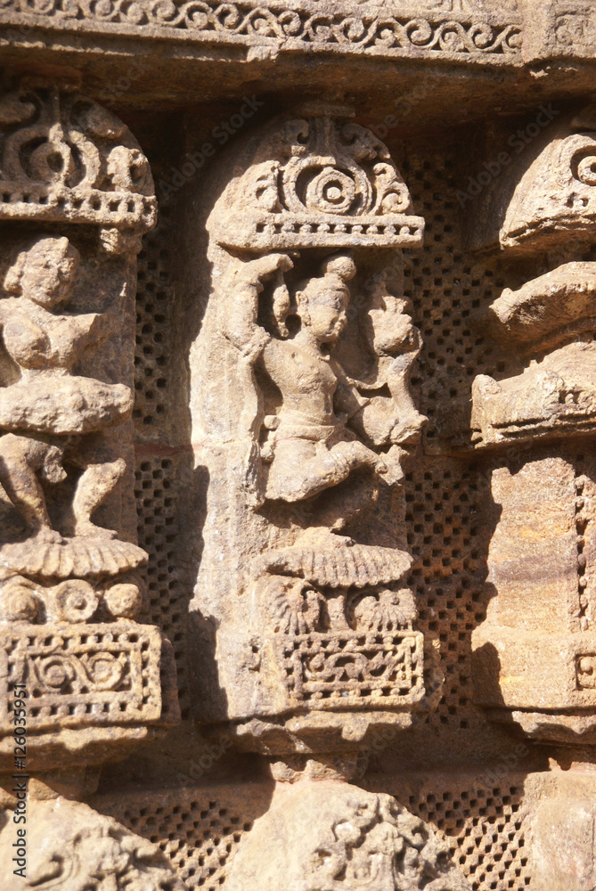 Devadasis, temple dancers, carvings on weathered red sandstone ...