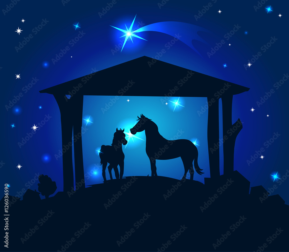 Stables with horses on Christmas Eve with a starry sky behind them ...