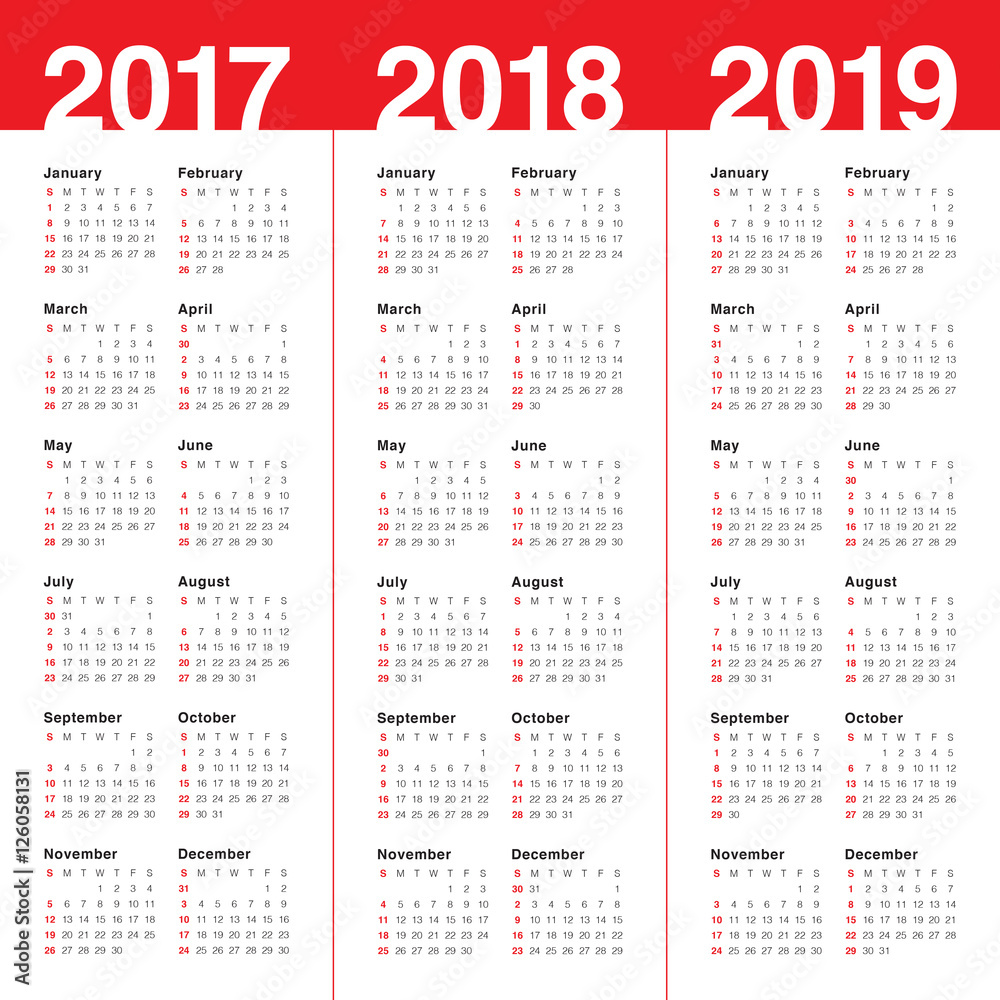 Simple Calendar template for 2017 to 2019 Stock Vector | Adobe Stock