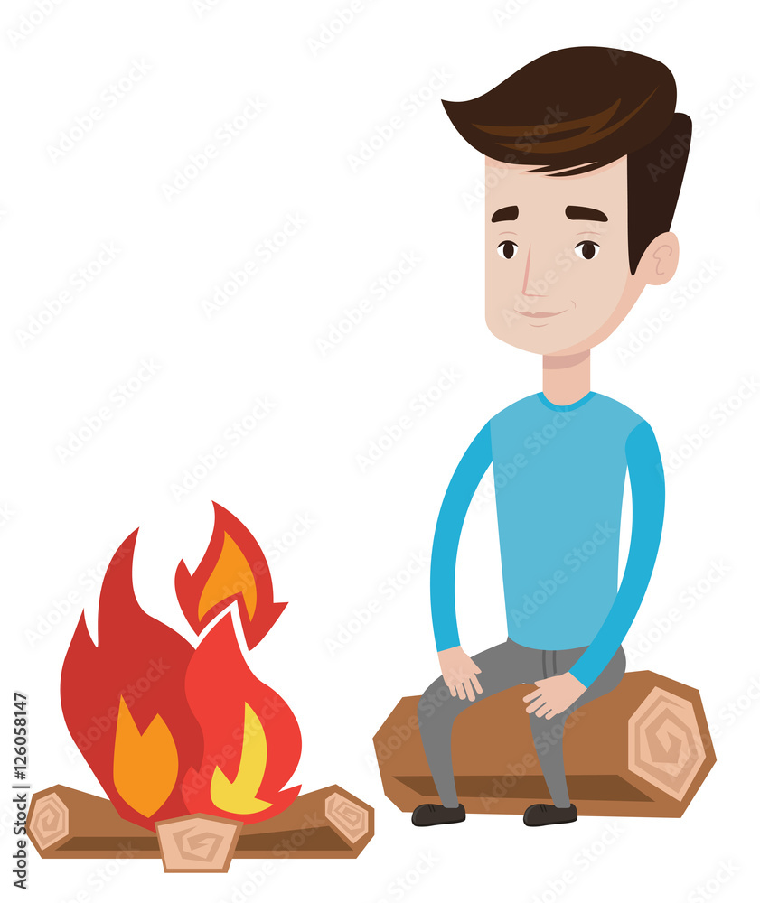 Man sitting on log near campfire. Stock Vector | Adobe Stock