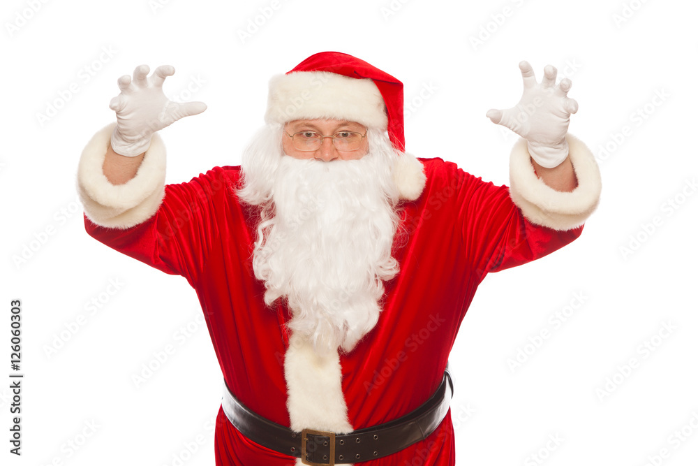 Shocked Santa Claus raising his hands scares, isolated on white ...