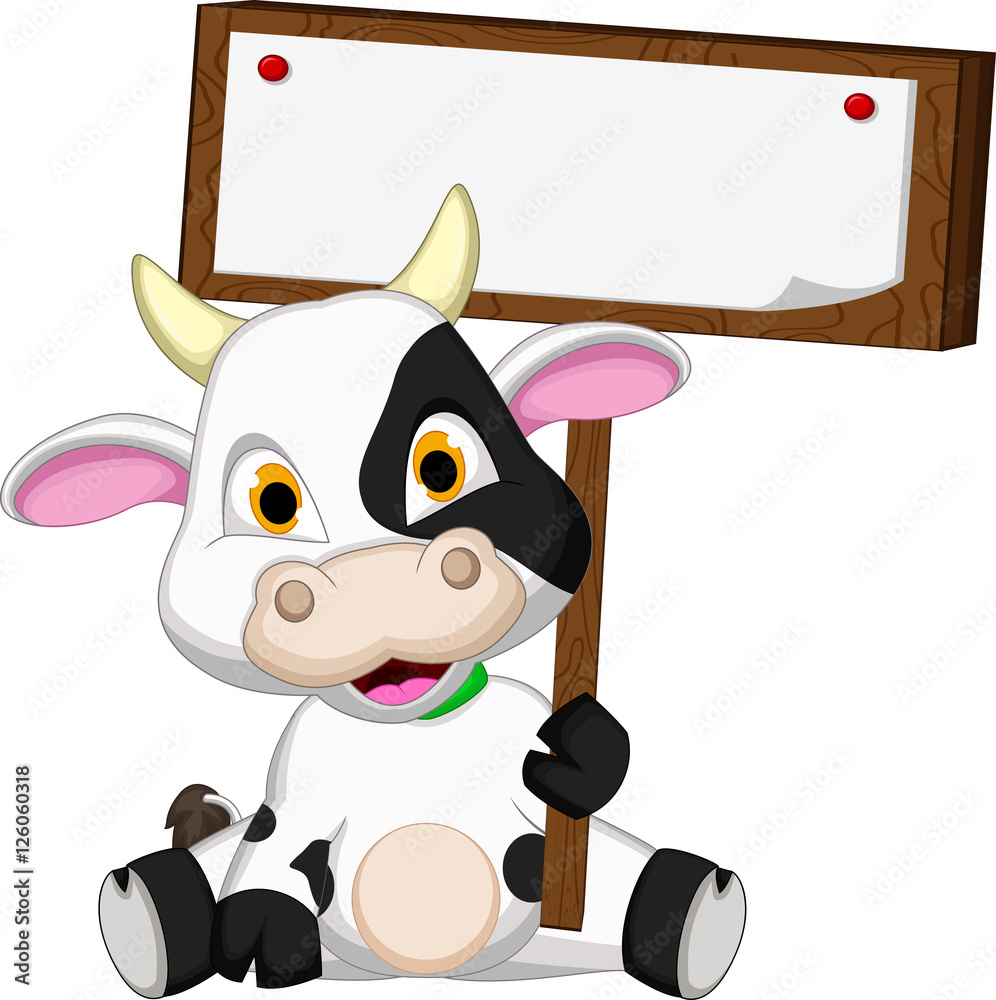 cute cow cartoon holding blank sign Stock Illustration | Adobe Stock