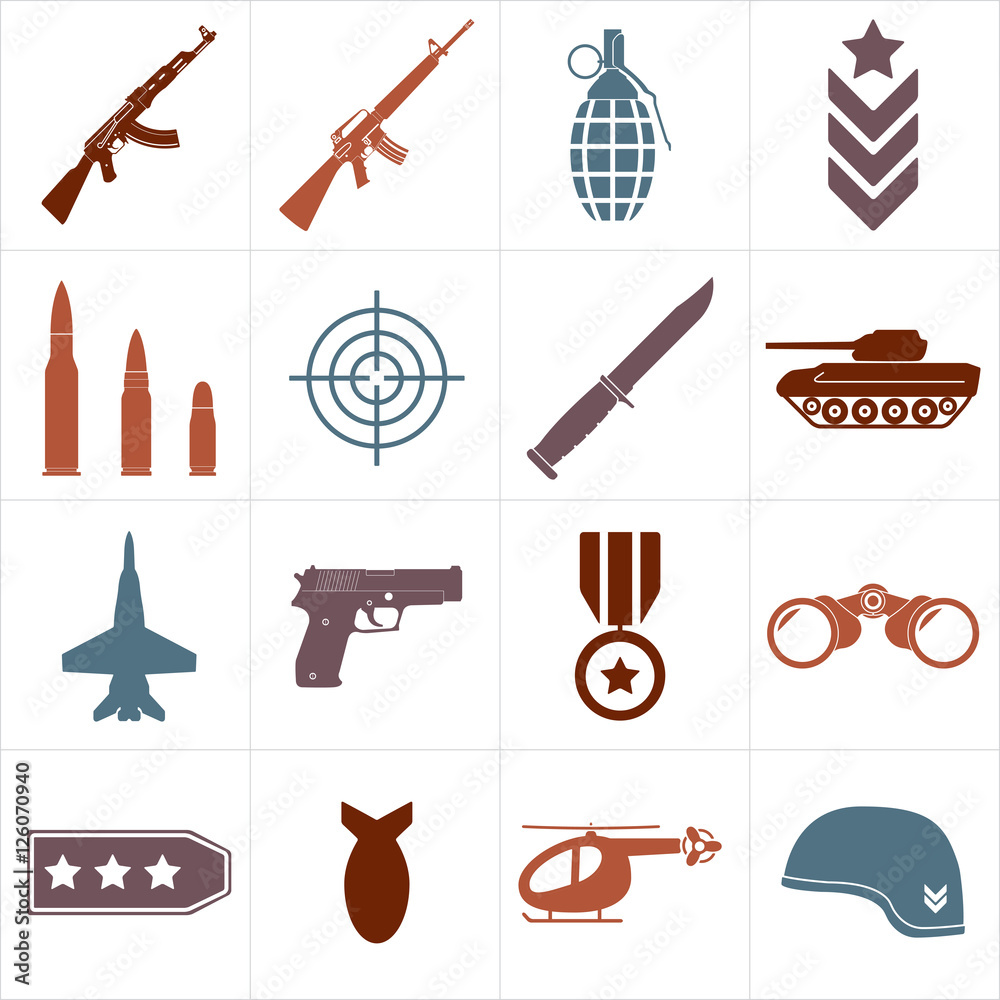 Weapons, military and gun icon set isolated on white background ...