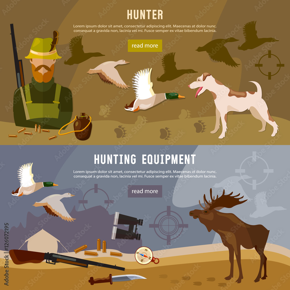 Hunting banners, hunter with rifle and dog in forest Stock Vector ...