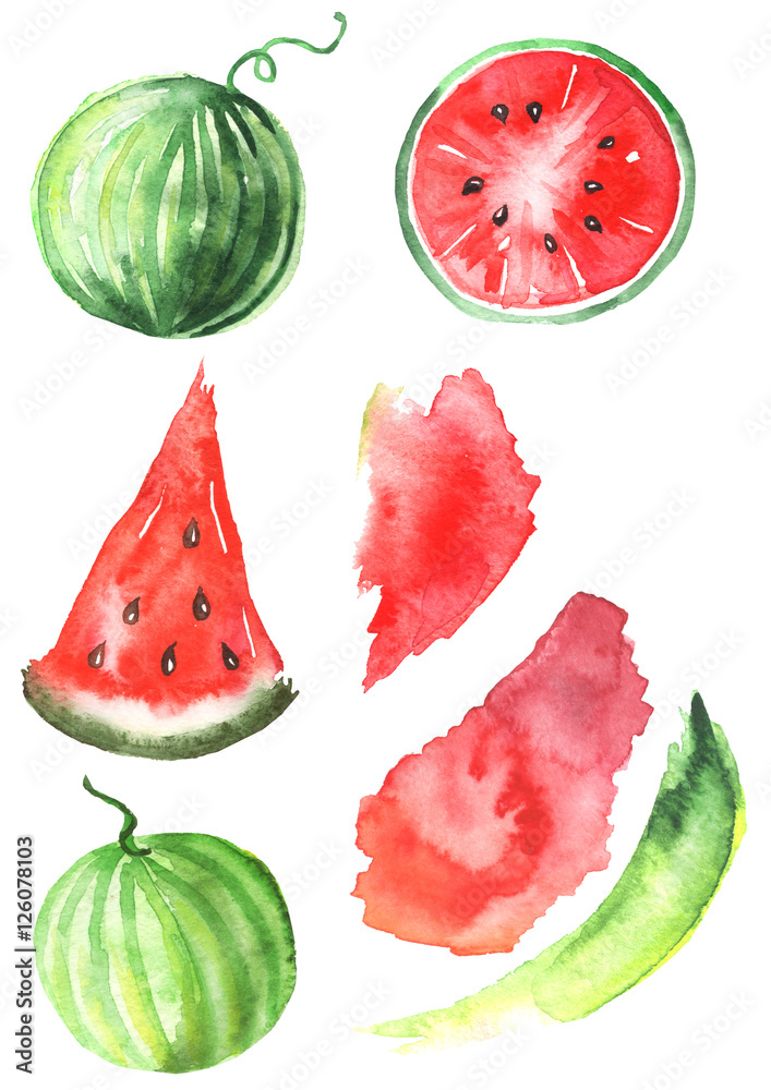 Watercolor set watermelon. The pulp, slice, watermelon seeds, fruit ...