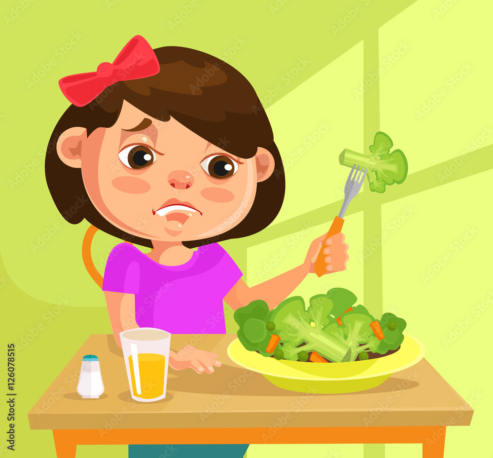 Child girl character does not want to eat broccoli. Vector flat cartoon ...