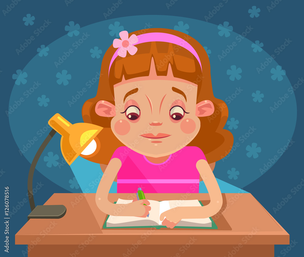 Little girl child character doing homework. Vector flat cartoon ...