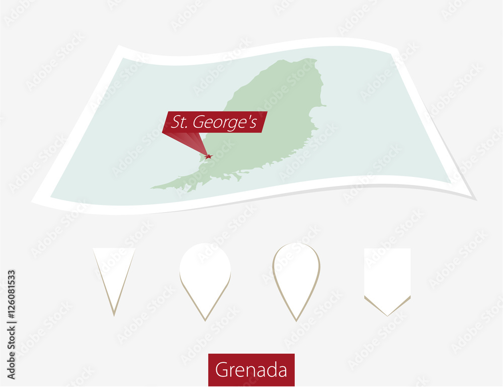 Curved paper map of Grenada with capital St. George's on Gray ...