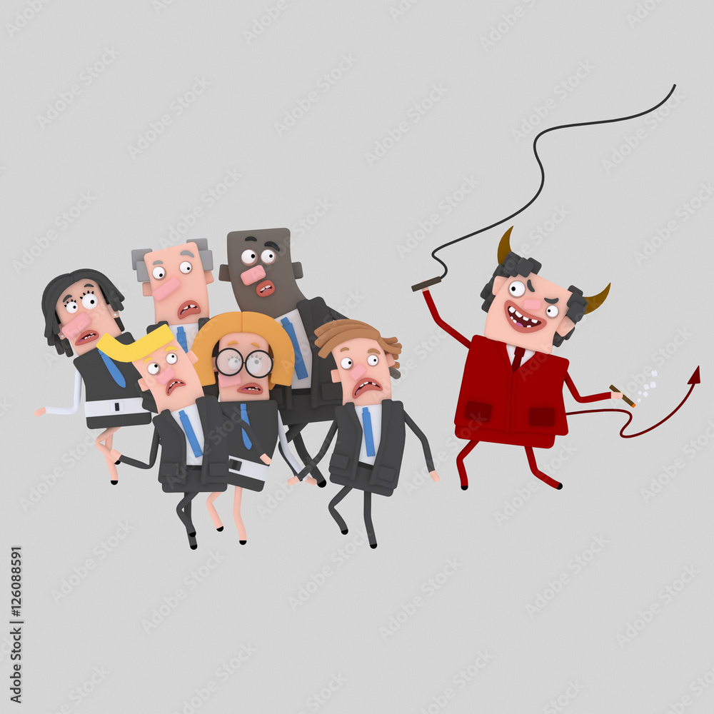 Boss demon with whip controlling office workers. Custom 3d illustration ...