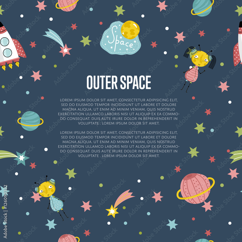 Outer space cartoon banner. Spaceship, cute alien girl and boy, stars ...