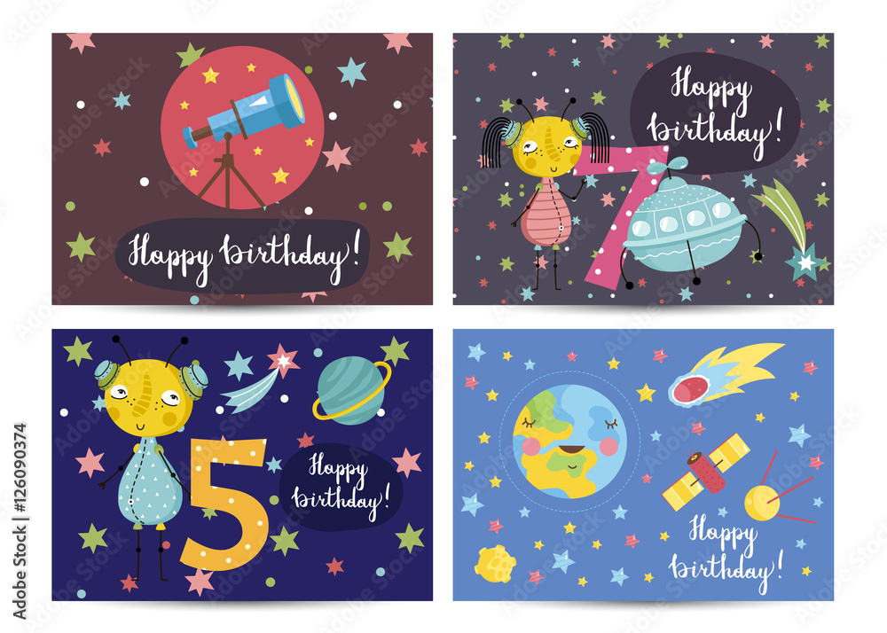 Happy birthday cartoon greeting cards on space theme. Telescope, cute ...