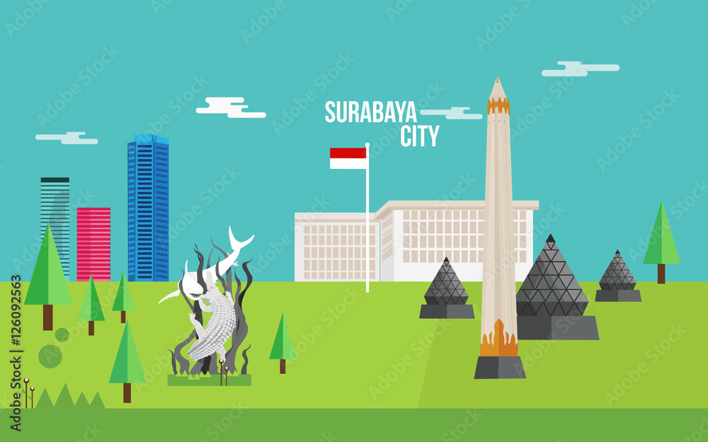 Surabaya cityscape depicting Surabaya statue and monument the tugu ...
