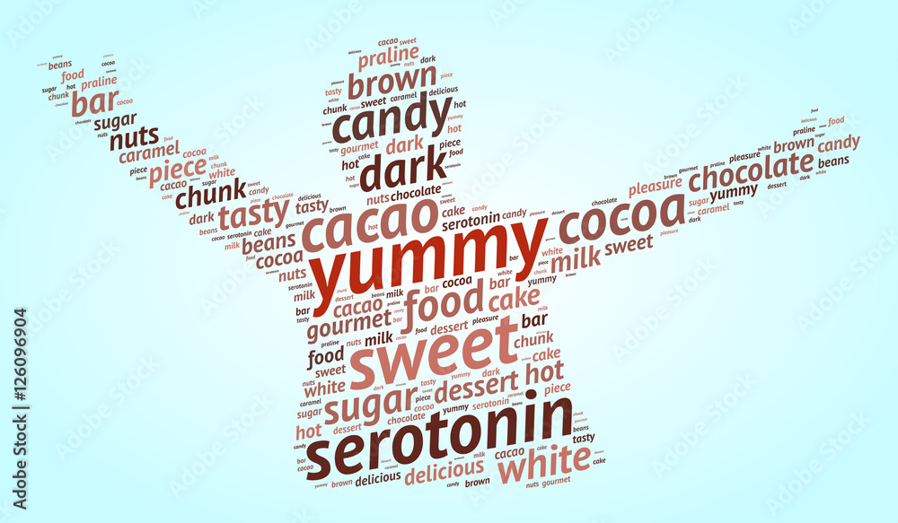 Yummy. Word cloud in shape of a man, gradient blue background. Sweet ...