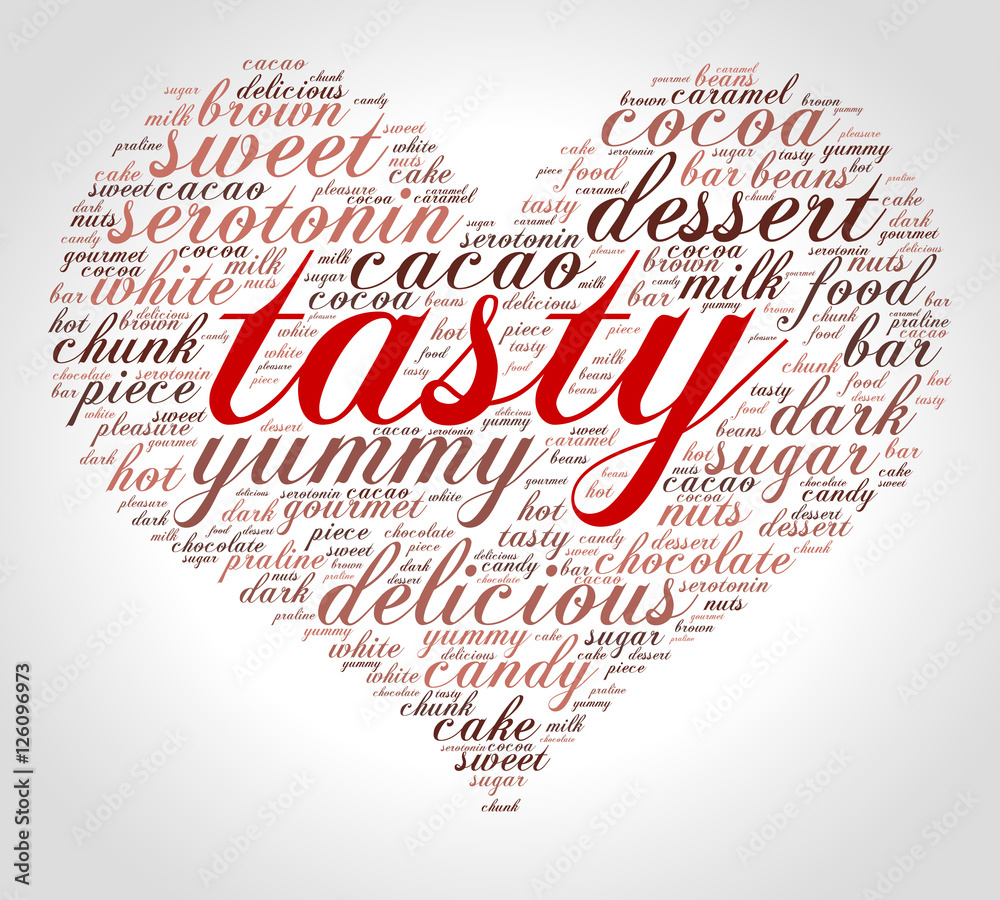 Tasty. Word cloud in a heart shape, italic font, grey background. Gift ...