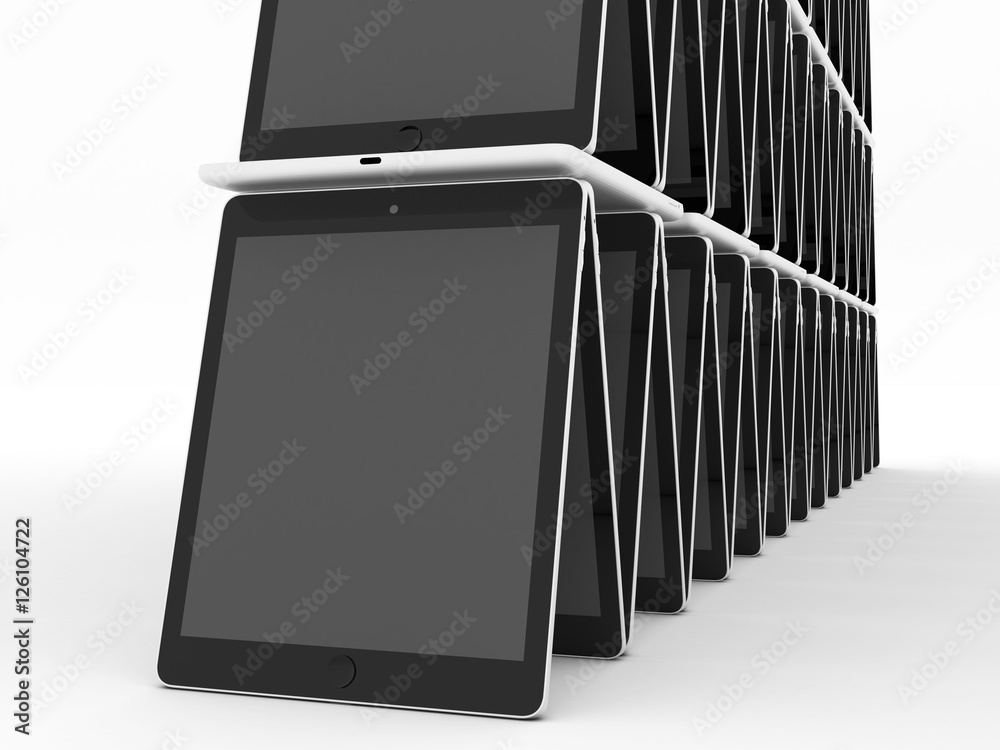 Pyramid style of many tablet gadget computers. House of cards metaphor ...