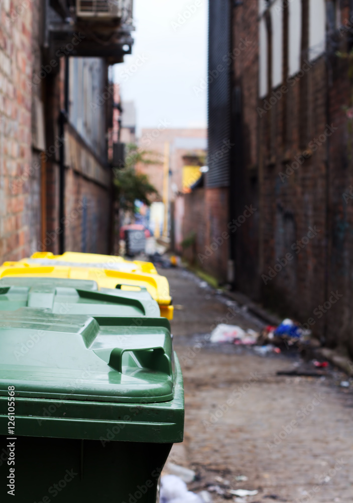Wheelie bins in a garbage strewn alleyway Stock-Foto | Adobe Stock