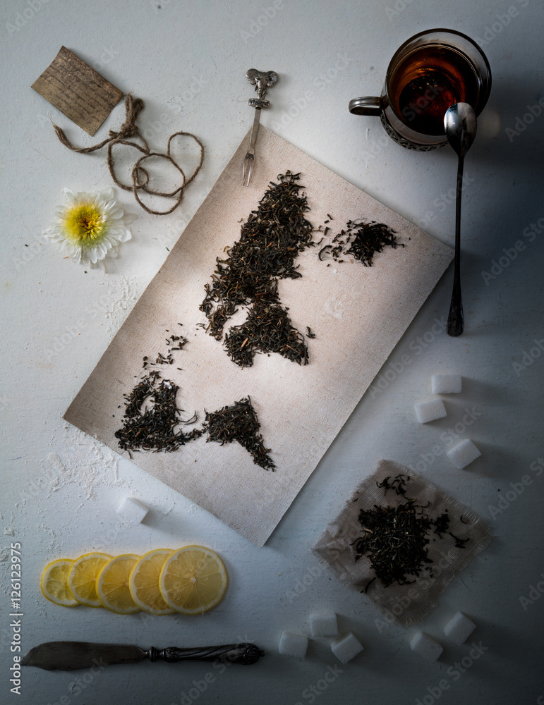 map of the world, lined with tea leaves. Eurasia, America, Australia ...