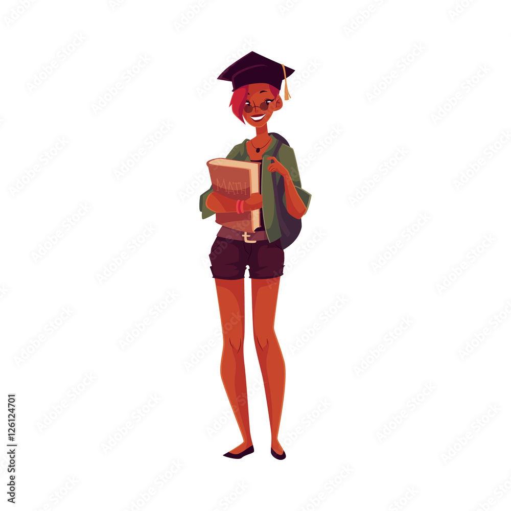 College, university student African girl in graduation cap holding ...