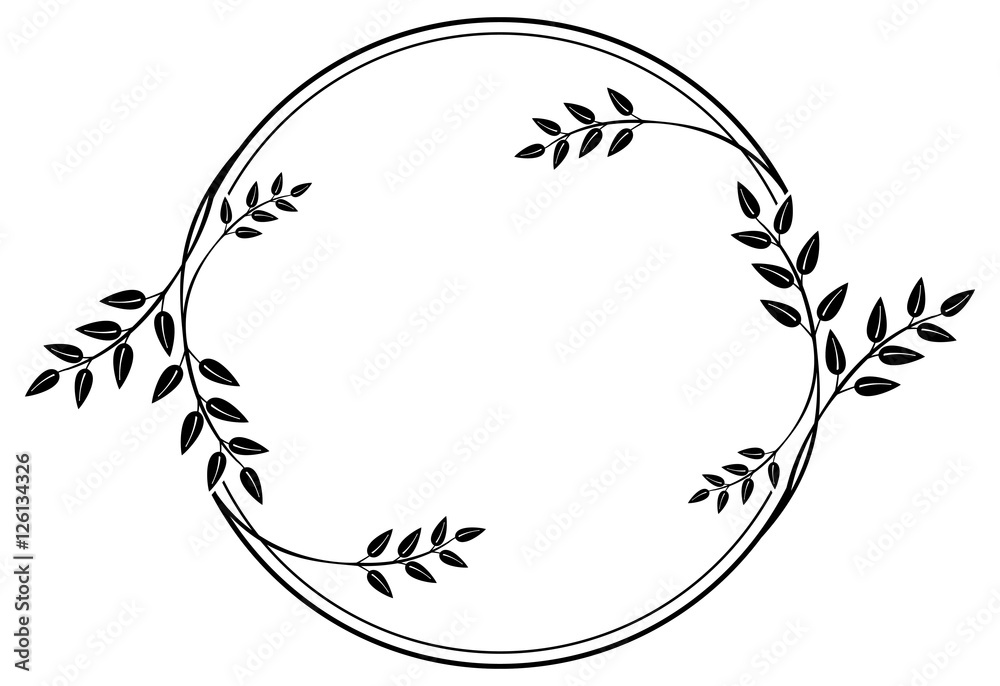 Black and white round frame with floral silhouettes. Copy space. Vector ...
