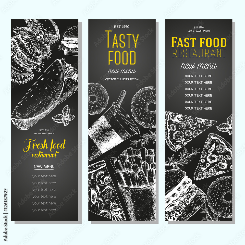 Fast food vertical banner set. Pizza, hamburger and french fries ...