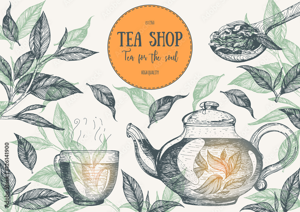 Tea Shop vector illustration. Vector card design with tea. Tea house ...