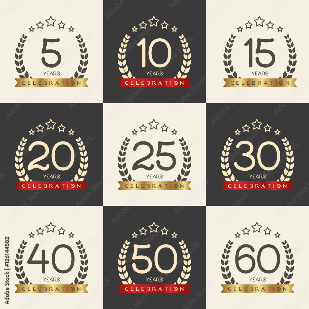 Vector set of anniversary signs, symbols. 5, 10, 15, 20, 25, 30, 40, 50 ...