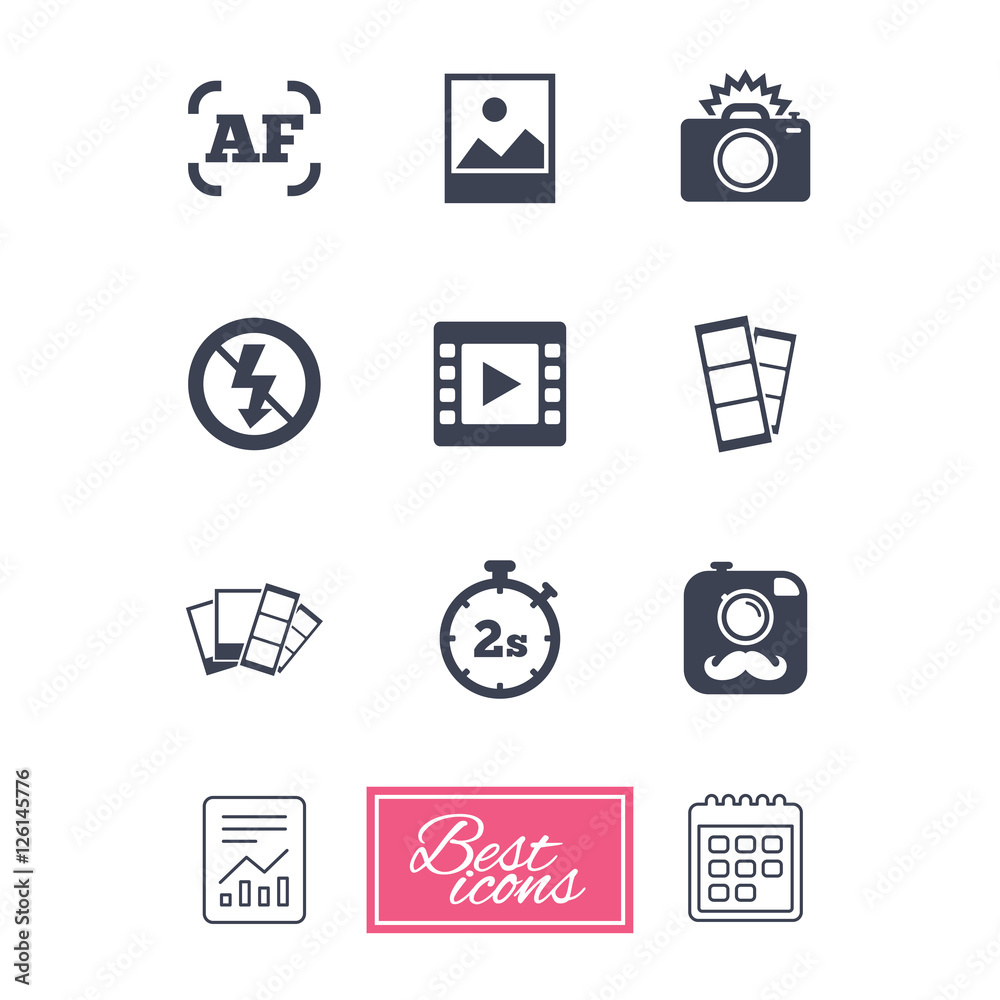 Photo, video icons. Camera, photos and frame signs. No flash, timer and ...