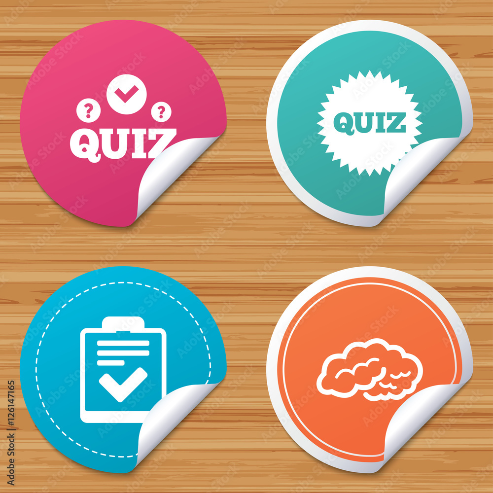Round stickers or website banners. Quiz icons. Human brain think ...