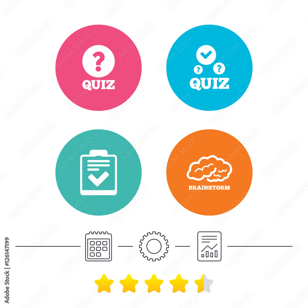 Quiz icons. Human brain think. Checklist with check mark symbol. Survey ...