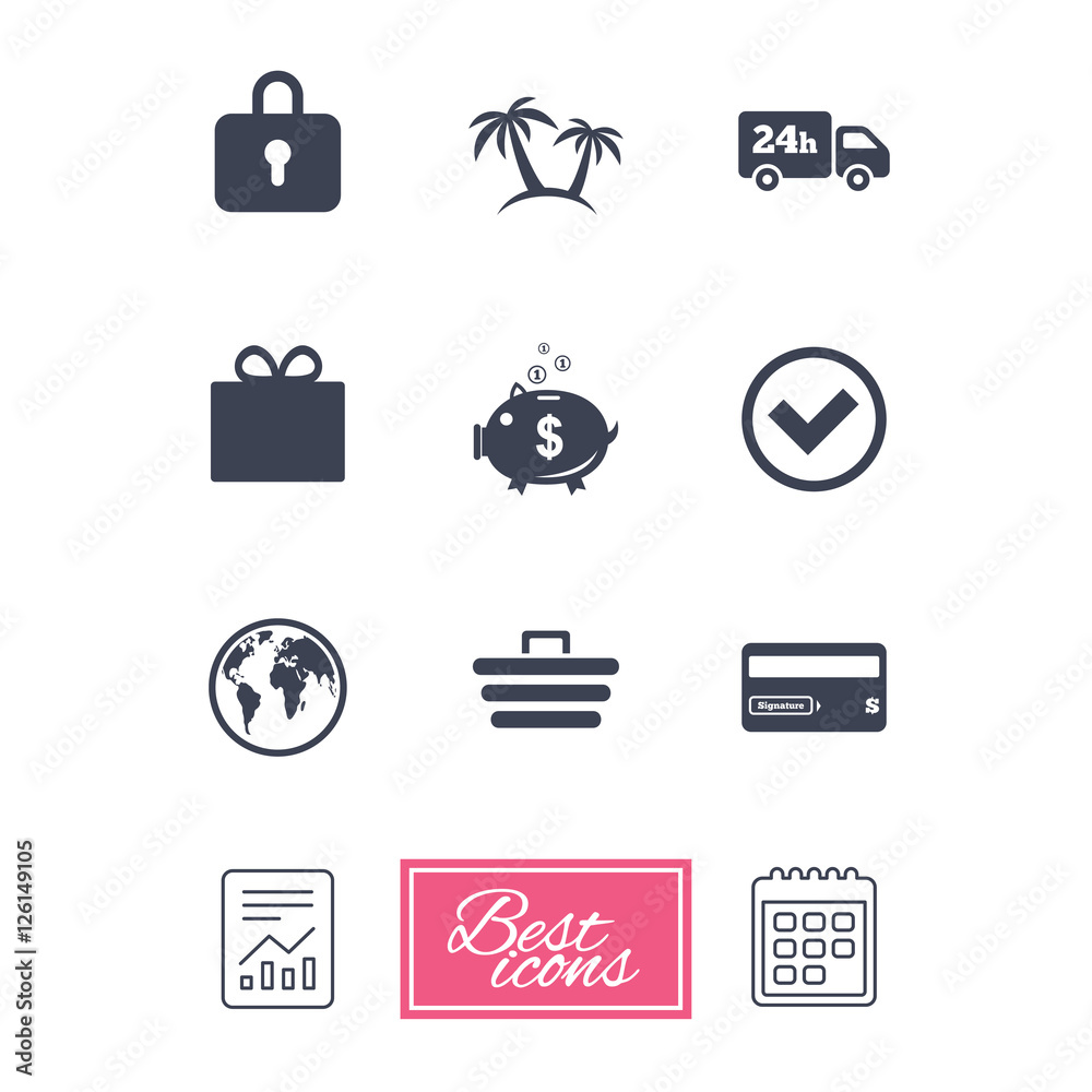 Online shopping, e-commerce and business icons. Credit card, gift box ...