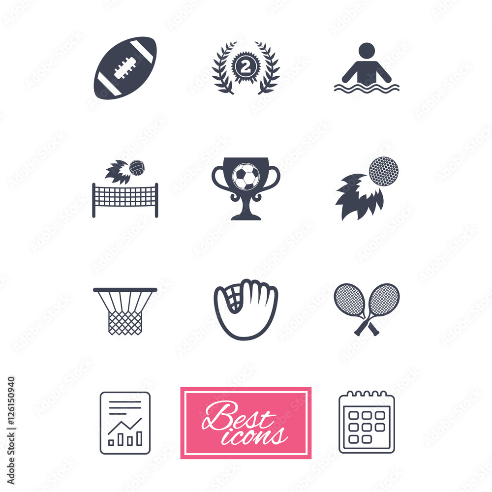 Sport games, fitness icons. Football, golf and baseball signs. Swimming ...